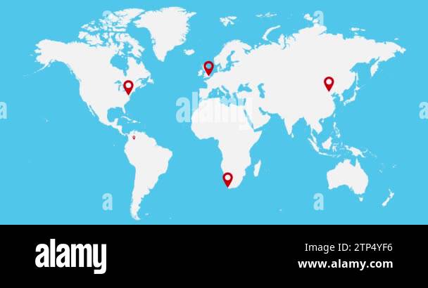 World Map Animation in 4K Video. Red Map Pins on White and Blue World ...