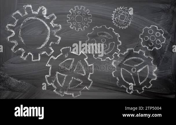 Gears mechanism chalk drawings animation at the blackboard as teamwork ...