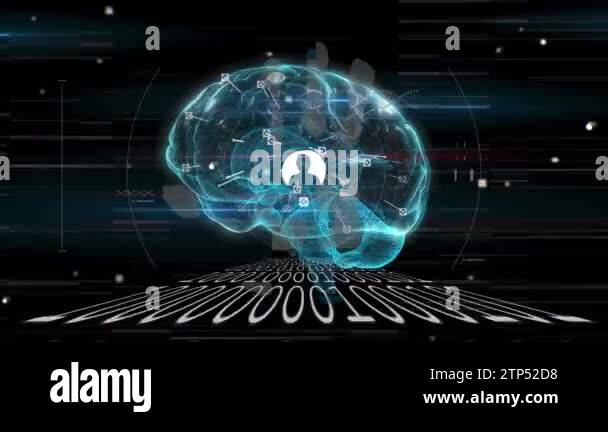 Animation of flowchart of icons over human brain and binary codes over black background ...