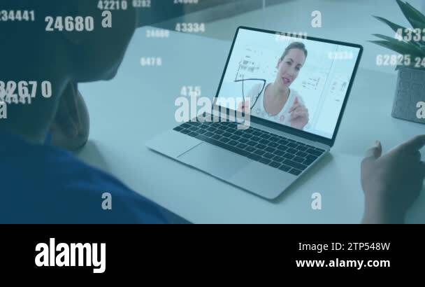 Animation of numbers changing over african american woman discussing with colleague over video ...