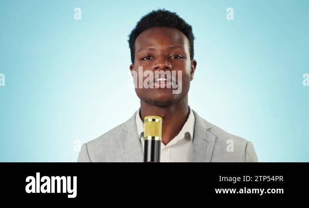 Reporter, news and portrait, black man and mic with communication and ...