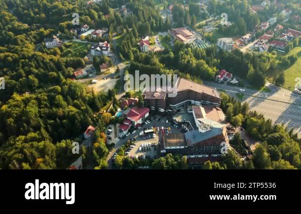 Aerial drone view of Poiana Brasov, Romania. Small town with hotels and ...