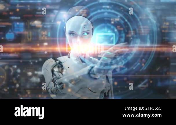 In a high-tech setting, a sleek female humanoid robot navigates through ...