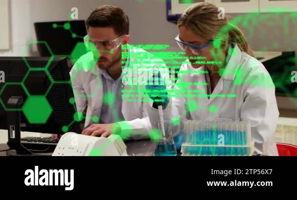 Animation of molecule structures, brains, computer language, caucasian researchers examining ...