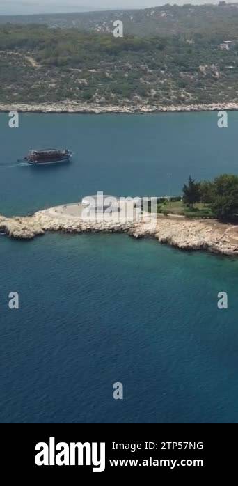 The boat enters the bay. Coast of Turkey. Bay, marina, bay. Drone view ...