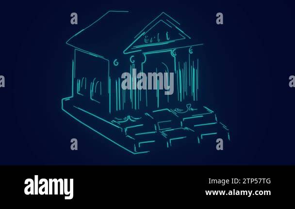 Digital Banking with bank building in futuristic neon animation Stock ...