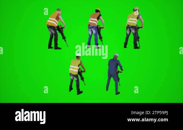 3d green screen construction workers digging the ground with hole ...