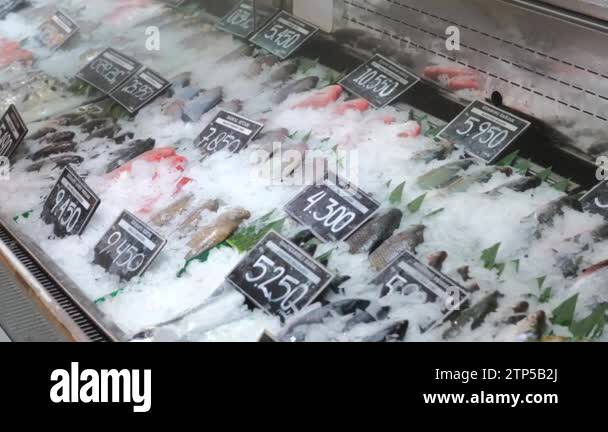 Refrigerator shelf with fresh fish covered with ice. On the shelf of ...