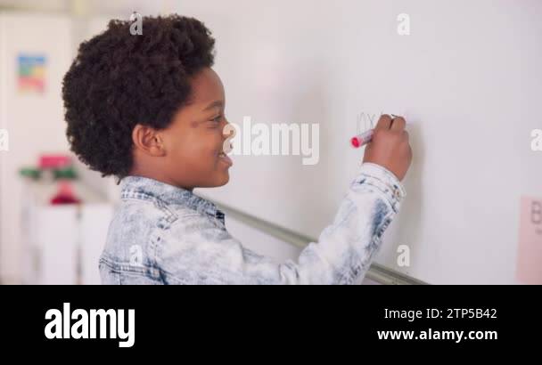 Math class, happy child at board for education, learning and problem ...