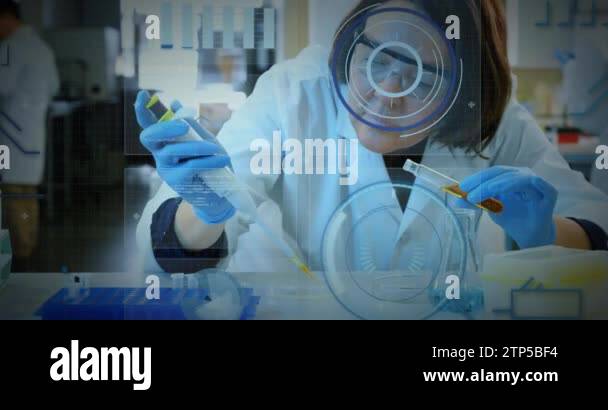 Animation of graphs, loading circles, caucasian female scientist taking ...