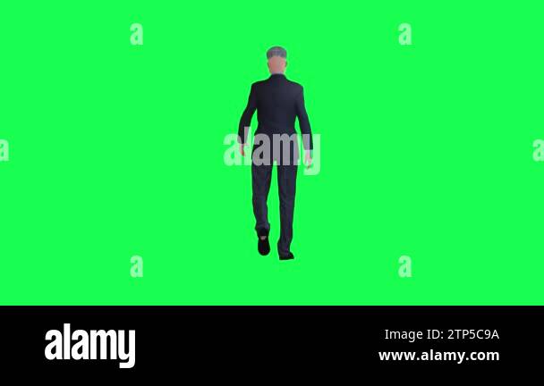 Man in formal suit walking isolated back angle green screen 3d people ...