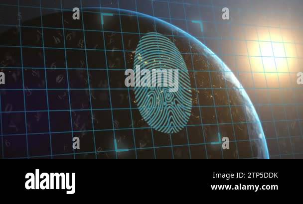 Animation of biometric fingerprint and scope scanning over globe. Global online security ...