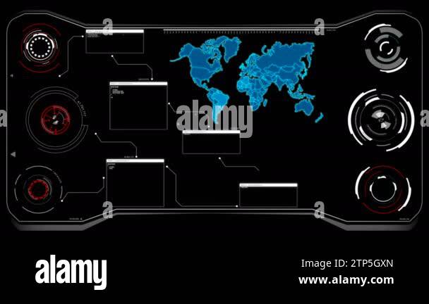 4K Animation UI User Interface with world map data HUD pi bar text box ...