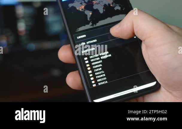 Cyber attack map navigation on smartphone. Displays Show Various ...