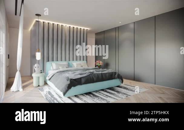 Modern Luxury Bedroom Animation with powder blue Color. 3D Illustration ...