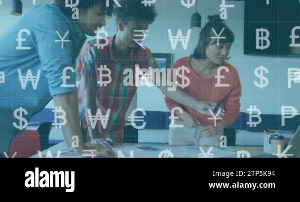 Animation of multiple currency symbols over diverse architects sharing ...