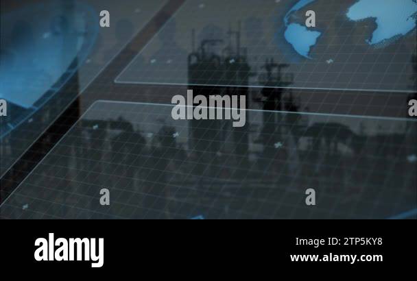 Animation of radar, graph and globe over factory against sky. Digital ...