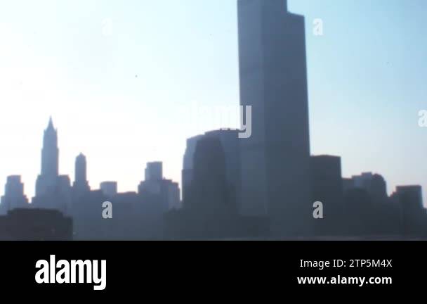 Manhattan skyline with iconic twin towers before 911. Vintage 1970s ...