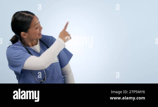 Advice, face and a woman or nurse pointing to mockup space for medical ...