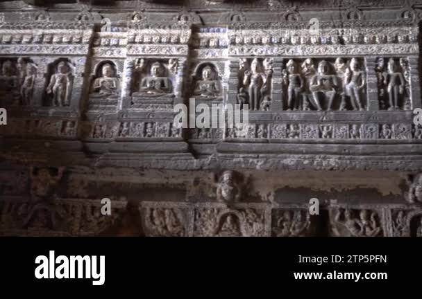 Interior of Ajanta Cave 26, Cave 26 is a worship hall with elements of ...