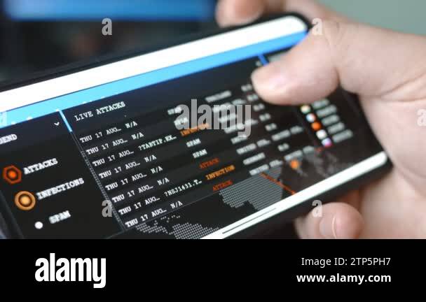 Cyber attack map navigation on smartphone. Displays Show Various ...