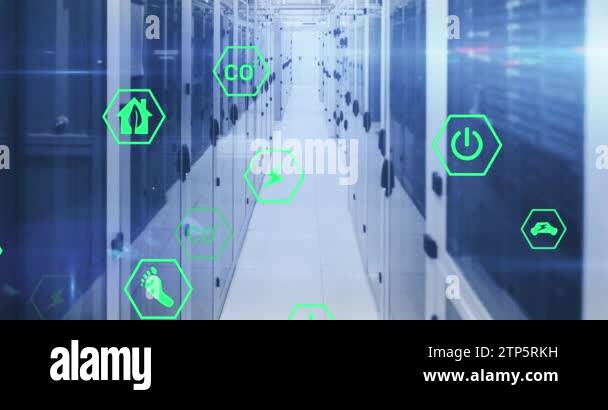 Animation of icons and lens flares with computer language over data server racks in server room ...