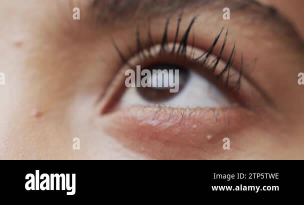 Eye of biracial woman with dark curly hair, slow motion. Femininity ...