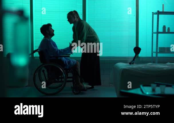 Full-sized silhouette video of a disabled man, patient with mobility ...