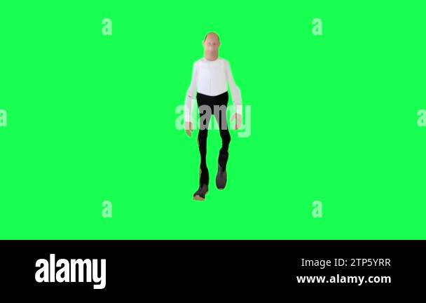 3D bald animated man walking isolated front angle green screen ...