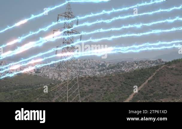 High voltage tower. Visualization of current in wires. High voltage ...