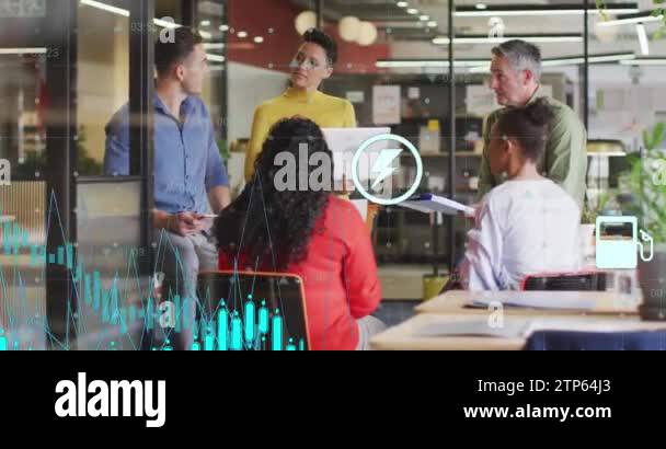 Animation of graphs, changing numbers and icons over diverse coworkers sharing ideas in office ...