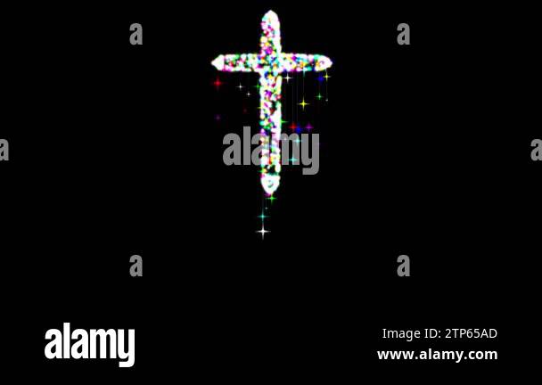 Christmas cross with colorful glitter sparkles and falling stars on ...