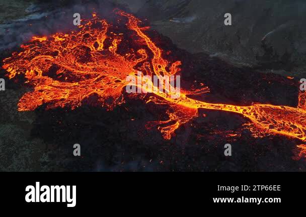Close up look on Volcanic eruption. Active volcanic crater. Aerial ...
