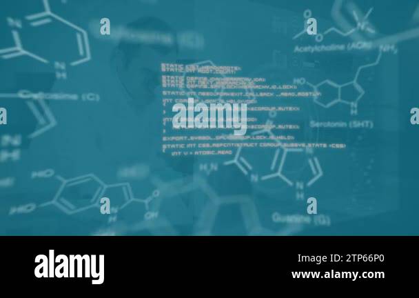 Animation of computer language, caucasian scientist examining sample ...