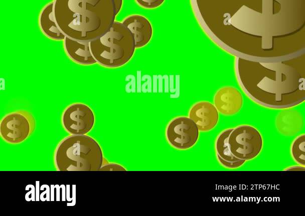 US dollar coins in gold flying on green screen, animated illustration ...