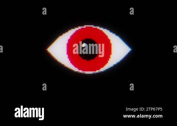 red pixel eye symbol on glitch lcd led screen display background ...