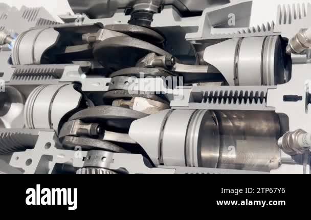 Slow motion, engine pistons, valve and crankshaft working, car engine ...