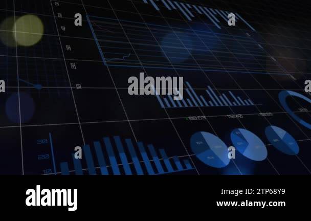 Animation of multiple graphs with changing numbers on grid over lens flare. Hologram, digitally ...