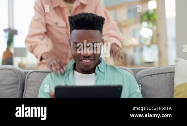 Black couple, tablet and laughing in living room sofa with love, social ...