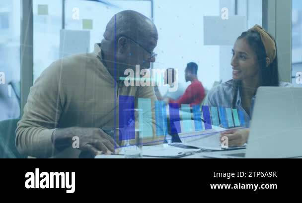 Animation of arrow on bar graph over diverse coworkers sharing ideas on ...