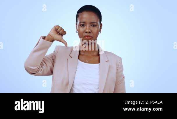 Thumbs down, business woman and face with opinion and negative vote in ...