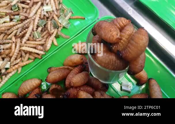 Coconut palm worm deep fried with pandan leaf Southeast Asian Thailand ...