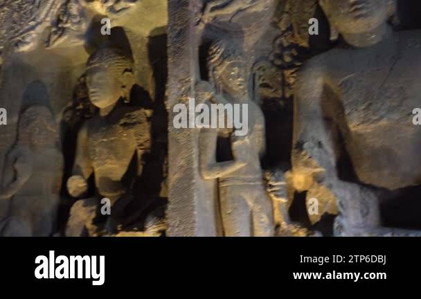 Interior of Ajanta Cave 26, Cave 26 is a worship hall with elements of ...