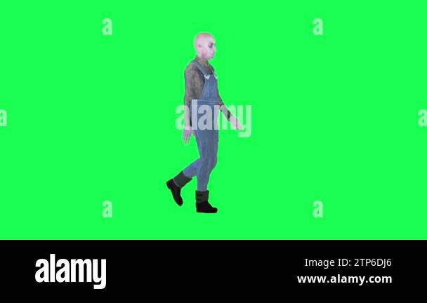 Scary bald man walking left angle isolated green screen 3d people ...