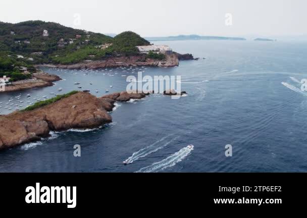 Heavy maritime traffic near Begur, Costa Brava, Spain. Aerial drone ...