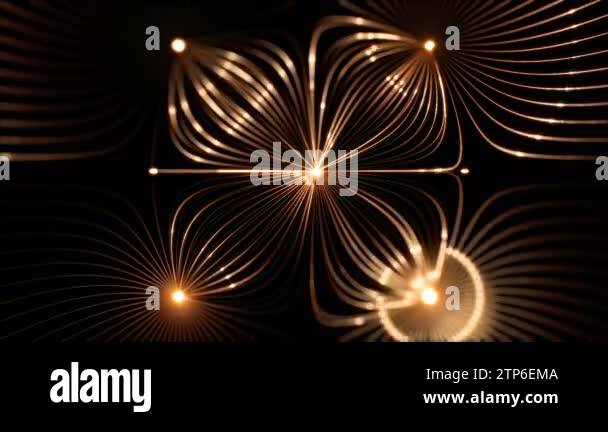 Bright fluorescent wires with glowing signals moving between nodes ...