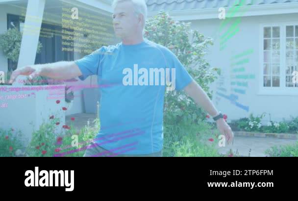 Animation of computer language over senior caucasian man stretching ...