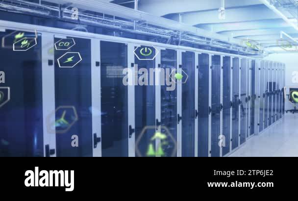 Animation of multiple icons and computer language with lens flares over ...