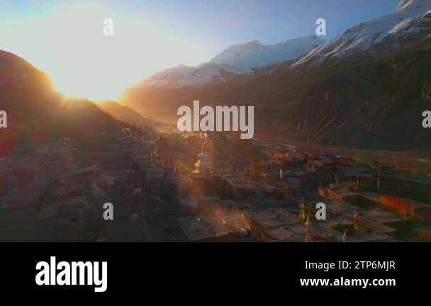 Aerial circular house rooftops in High altitude Manang village ...
