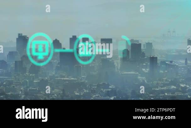 Animation of computer, laptop, phone icons forming flowchart over ...